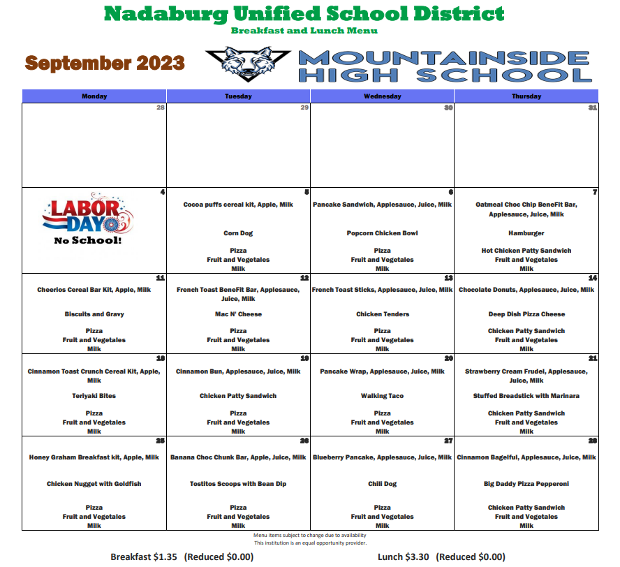 High School Cafeteria Menu