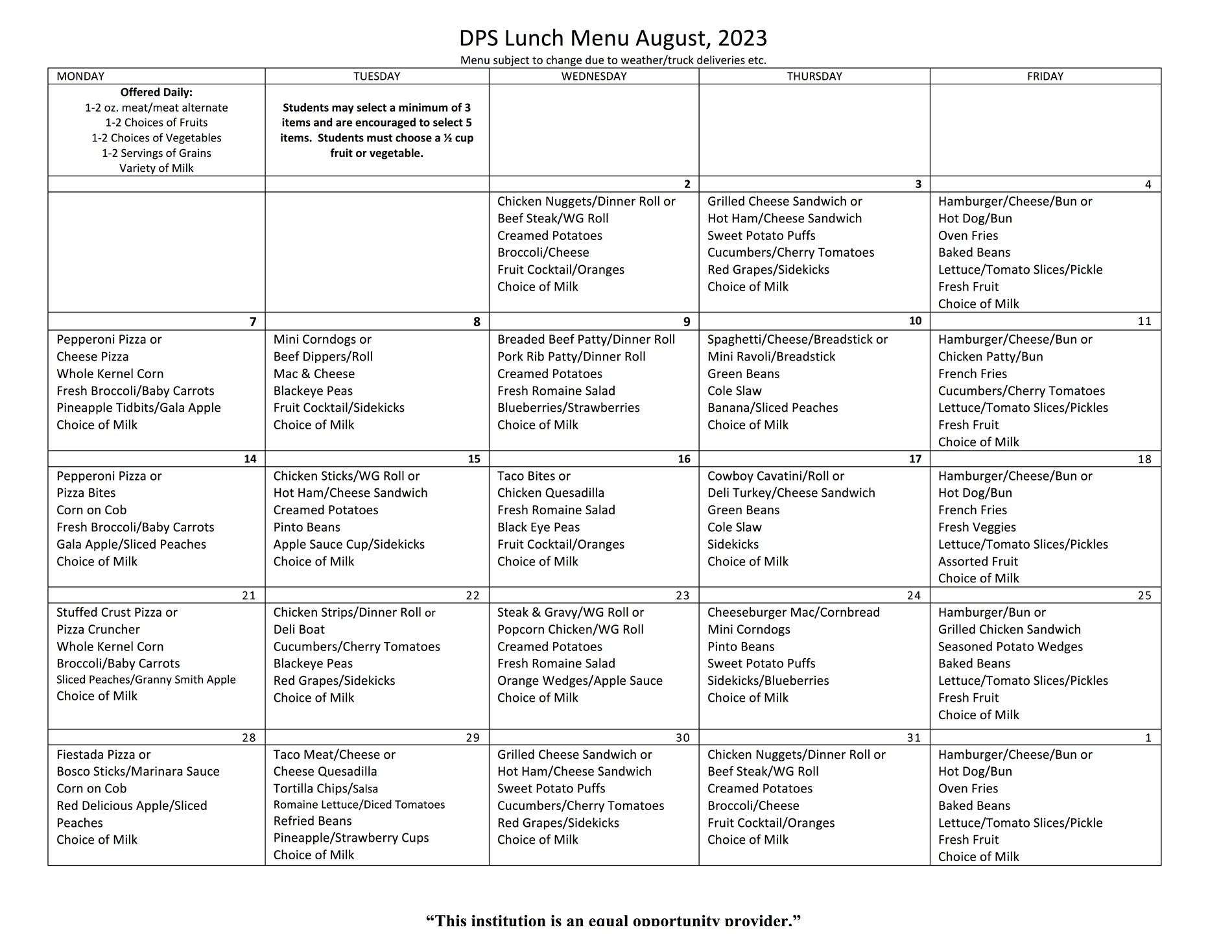 Elementary School Cafeteria Menu