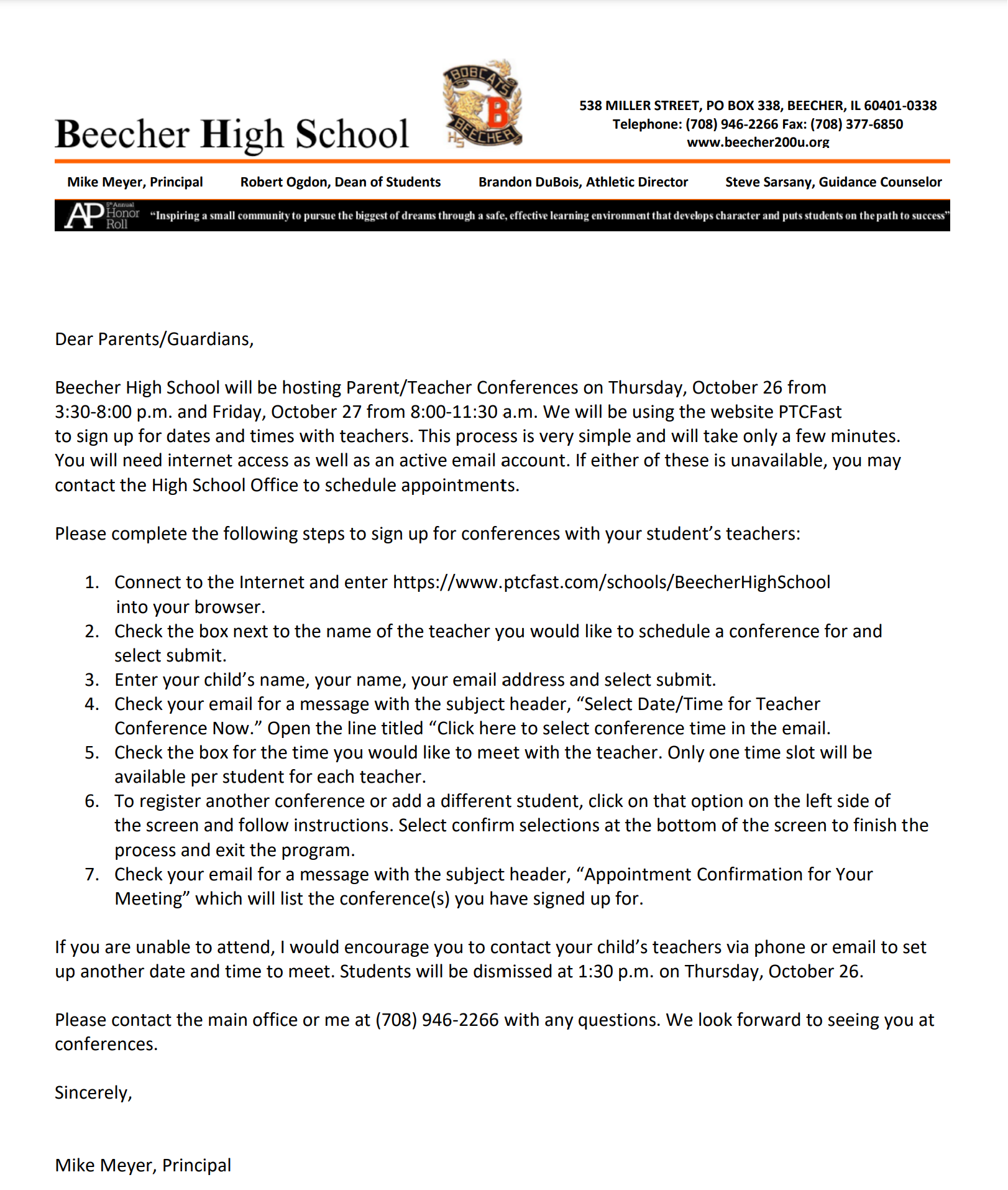 Parent Teacher Conference Sign Up Letter
