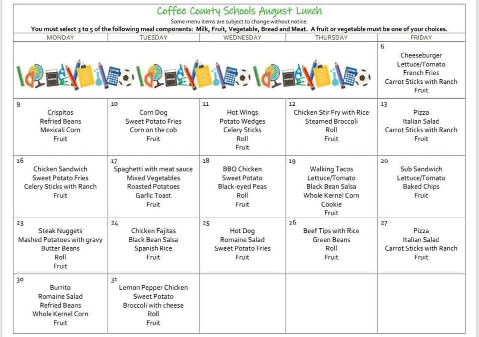 August School Lunch Menu Templates
